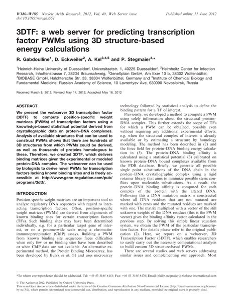 pdf 3dtf a web server for predicting transcription factor pwms using