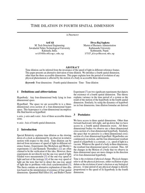 Time Dilation In Fourth Spatial Dimension Pdf Dimension Spacetime