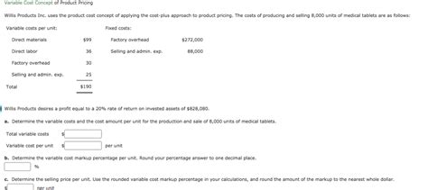 Solved Variable Cost Concept Of Product Pricing Willis