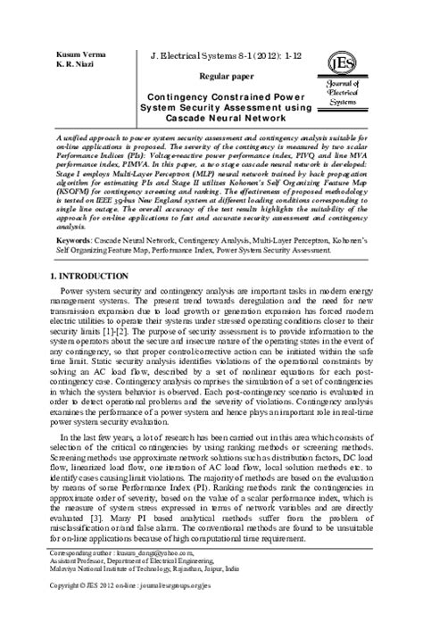 Pdf Contingency Constrained Power System Security Assessment Using
