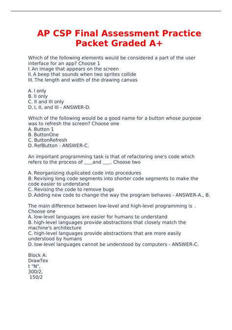 Ap Csp Final Assessment Practice Packet Graded A 2023 Ap Csp Stuvia Us
