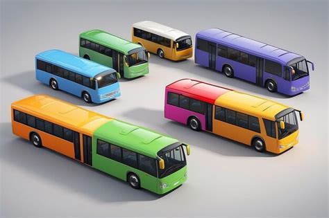 3d 현실적인 버스 렌더링 일러스트레이션은 다양한 색상으로 설정되어 있으며 현대 대중 교통 컨셉 카입니다 프리미엄 Ai