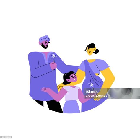 불꽃놀이와 함께 디왈리를 축하하는 가족 에서 축제 기쁨 그리고 함께함을 상징하는 평면 벡터 일러스트 레이 션 흰색 배경에 고립 된 가족에 대한 스톡 벡터 아트 및 기타