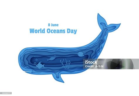 종이에서 잘라 정자 고래의 실루엣 종이 컷 스타일 나비 물고기 해파리 달아 거북이 물고기 산호초 해저 조류 조류 와 공예 수중 바다 동굴 벡터 세계 바다의 날 개념 0명에