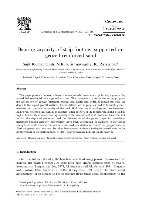 Pdf Bearing Capacity Of Strip Footings Supported On Geocell Reinforced Sand