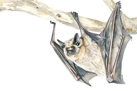 Watercolor Illustration Of A Bat Hanging Upside Down From A Branch