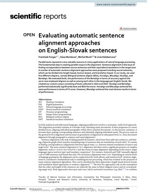 pdf evaluating automatic sentence alignment approaches on english slovak sentences