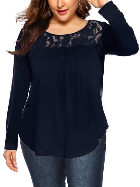 Fancyglim Women Plus Size Pleated Lace Blouse Long Sleeve Tunic Top
