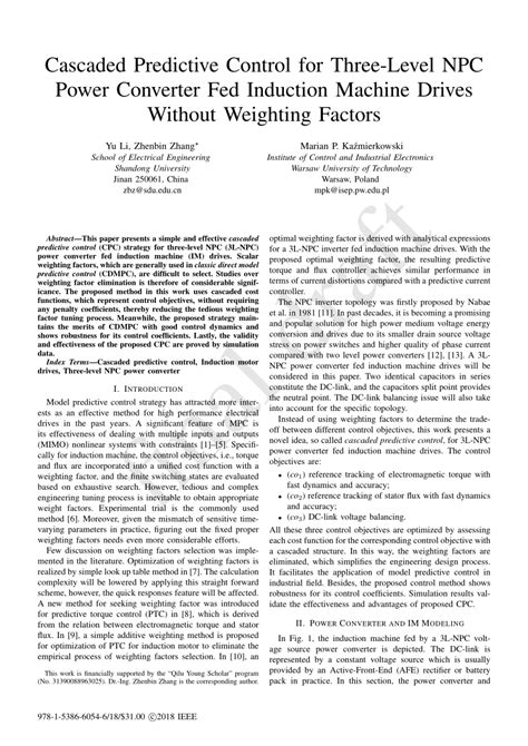 Pdf Cascaded Predictive Control For Three Level Npc Power Converter Fed Induction Machine