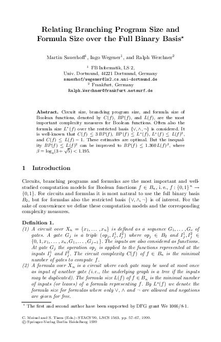 Pdf Relating Branching Program Size And Formula Size Over The Full