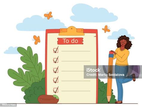 할 일 목록 시간 관리 소녀는 연필로 할 일 목록에 큰 근처에 서 있습니다 계획 완료 아이에 대한 스톡 벡터 아트 및 기타 이미지 아이 체크리스트 리스트 Istock