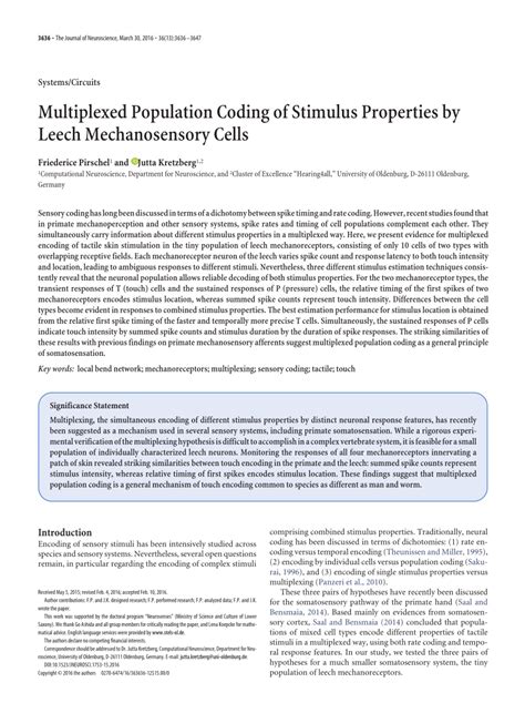 Pdf Multiplexed Population Coding Of Stimulus Properties By Leech