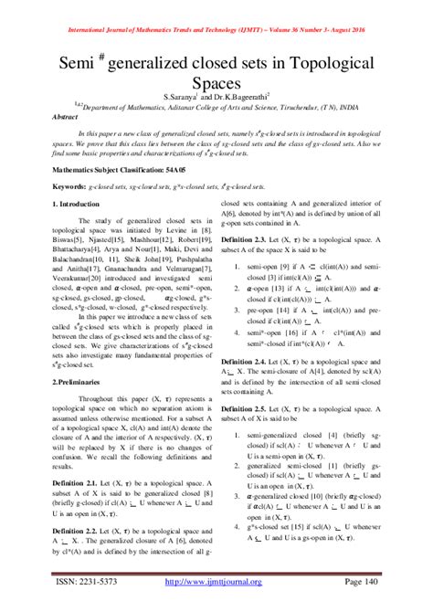 Pdf Semi Generalized Closed Sets In Topological Spaces