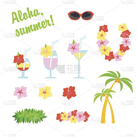 矢量平面集。卡通插图旅行。夏威夷的假日，国家花环和花环的树叶。用鲜花装饰的热带鸡尾酒。太阳镜和一棵椰