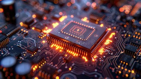 Closeup Of A Lit Up Microchip On A Circuit Board Stock Image Image Of