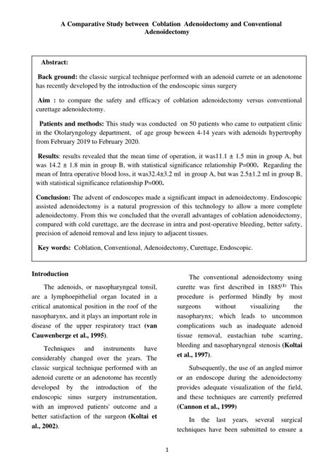 Pdf A Comparative Study Between Coblation Adenoidectomy And