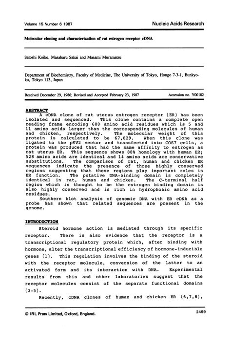 Pdf Molecular Cloning And Characterization Of Rat Estrogen Cdna