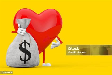 레드 하트 캐릭터 마스코트와 묶여 소박한 캔버스 리넨 돈 자루 또는 달러 기호와 돈 가방 3d 렌더링 가득 찬에 대한 스톡 사진