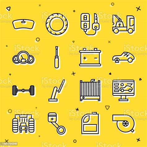 세트 라인 자동차 터보 차저 자동차의 진단 상태 깨진 리모컨 스크루 드라이버 속도계 앞 유리 및 배터리 아이콘이있는 자동차 키 벡터 검은색에 대한 스톡 벡터 아트 및 기타