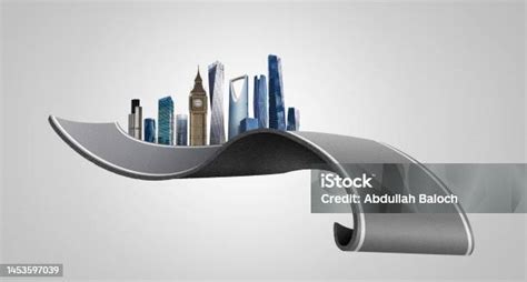 곡선 떠 다니는 도로 광고의 3d 그림입니다 도시 도로가 고립되어 있습니다 고립된 땅이 있는 도시 스카이라인 광고 모형을위한 도로 도착에 대한 스톡 사진 및 기타 이미지