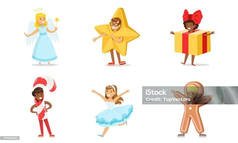 크리스마스 의상 세트를 입고 귀여운 아이 소년과 소녀 천사 스타 선물 상자 사탕 지팡이 진저 브레드 눈송이 벡터 일러스트 12