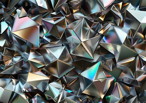 Abstract Metallic Geometric Shapes With Reflective Surface Iridescent Crystal Background Stock