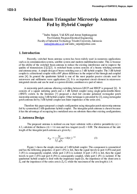Pdf Switched Beam Triangular Microstrip Antenna Fed By Hybrid Coupler