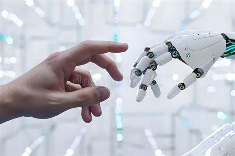 Human And Artificial Intelligence Robot Hand Connection Interaction Stock Illustration