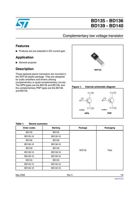 Original Npn Transistor Bd135 135 To 225 New Stmicroelectronics Pdf