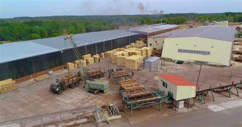 Automated Log Sorting At A Sawmill Aerial View Crane Unloads Logs To
