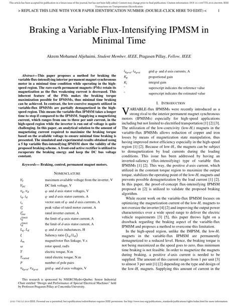 Pdf Braking A Variable Flux Intensifying Ipmsm In Minimal Time