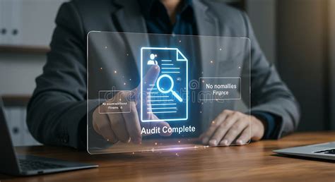 Man Interacting With Digital Audit Interface On Desk For Finance Management Stock Illustration