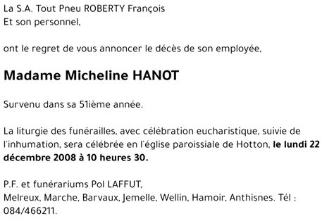 Avis De Décès De Micheline Hanot Décédé Le 19 12 2008 à Annonce
