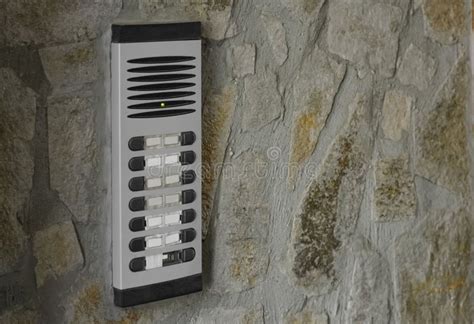 Modern Intercom On Concrete Wall With Stone Fragments Space For Text Security System Stock