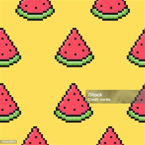 픽셀 아트 수박 패턴 배경 포장 소셜 미디어 및 더 많은 것 벡터 Illustaration에 대한 여름 밝고 다채로운 이음매없는