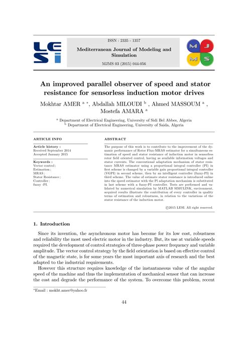 Pdf An Improved Parallel Observer Of Speed And Stator Resistance For Sensorless Induction