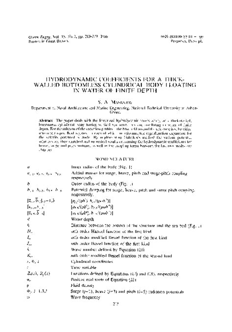 Pdf Hydrodynamic Coefficients For A Thick Walled Bottomless Cylindrical Body Floating In Water