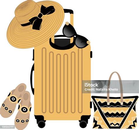 여행용 벡터 세트 여행 용 것들 넓은 챙이있는 모자 샌들 선글라스 가방에 대한 스톡 벡터 아트 및 기타 이미지 가방 개성 개념 개체 그룹 Istock