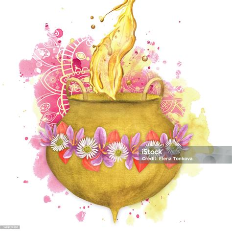 Panchakarma Shirodhara 기름과 사프란이 든 놋쇠 냄비와 수채화 물감과 만다라 배경에 Bringaraj 꽃을 손으로 그린 수채화 그림 이 그림은 엽서