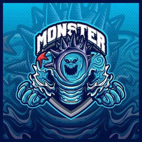 Monster Water Element 마스코트 Esport 로고 디자인 일러스트레이션 벡터 템플릿 팀 게임 스트리머 상품을 위한 바다 괴물 로고 풀 컬러 만화 스타일