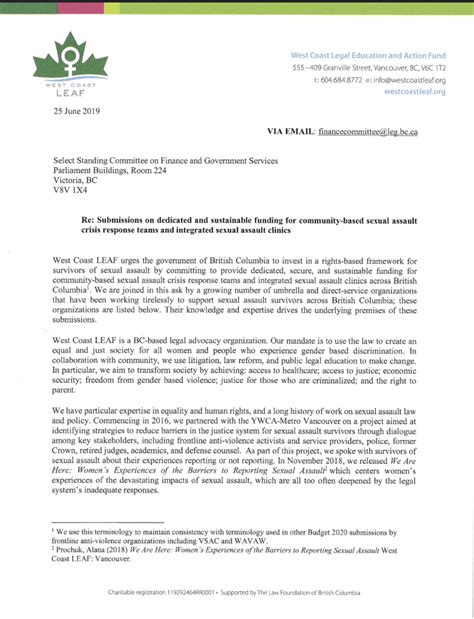 West Coast LEAF Letter In Support Of Community Based Integrated Sexual Assault Services
