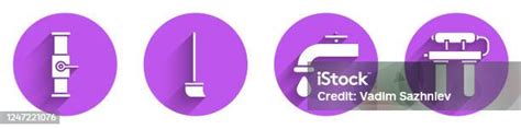 긴 그림자산업 파이프 및 밸브 걸레 수도꼭지 및 물 필터 아이콘을 설정합니다 벡터 아이콘에 대한 스톡 벡터 아트 및 기타 이미지 아이콘 물 방울 Istock