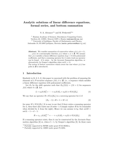 pdf analytic solutions of linear difference equations formal series and bottom summation