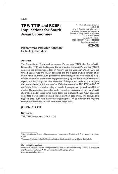 Pdf Tpp Ttip And Rcep Implications For South Asian Economies
