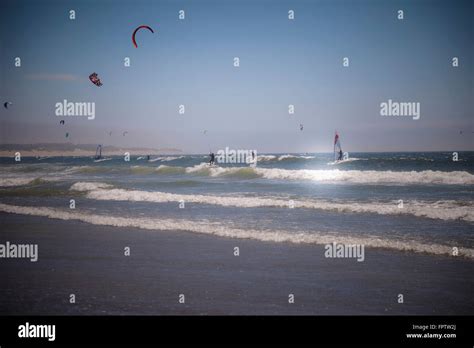Kite Surfers Surfing Kiteboarding In The Sea Viana Do Castelo Norte