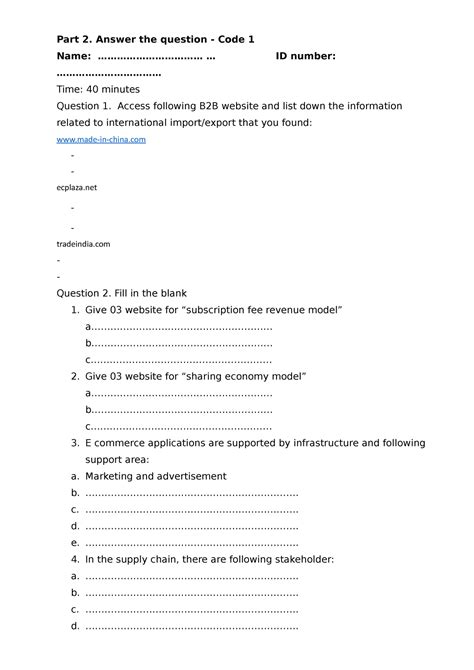 e commerce midterm exercise part 2 answer the question code 1 name