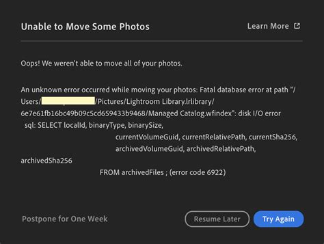unable to move some photos fatal database error adobe community