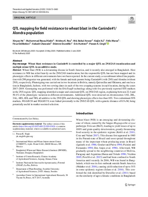 Pdf Qtl Mapping For Field Resistance To Wheat Blast In The Caninde1alondra Population