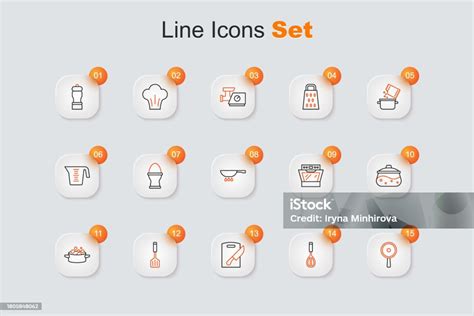 세트 라인 프라이팬 주방 거품기 도마와 칼 주걱 요리 냄비 오븐 및 불 아이콘 벡터 가정 생활에 대한 스톡 벡터 아트 및 기타 이미지 Istock