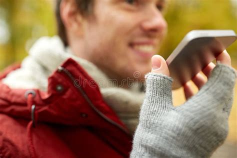 Close Up Of Man Recording Voice On Smartphone Stock Image Image Of
